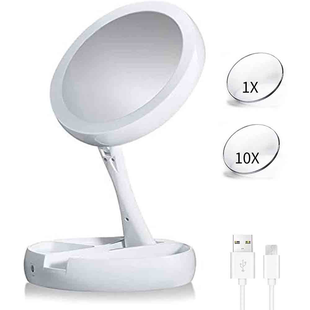 女優ミラー 卓上 折りたたみ LEDライト付き化粧鏡 両面ミラー 10倍拡大 360°回転可能 小物収納トレー付き USB/電池給電 メイクミラー ダブルミラー コンパクト 持ち運び便利 ...