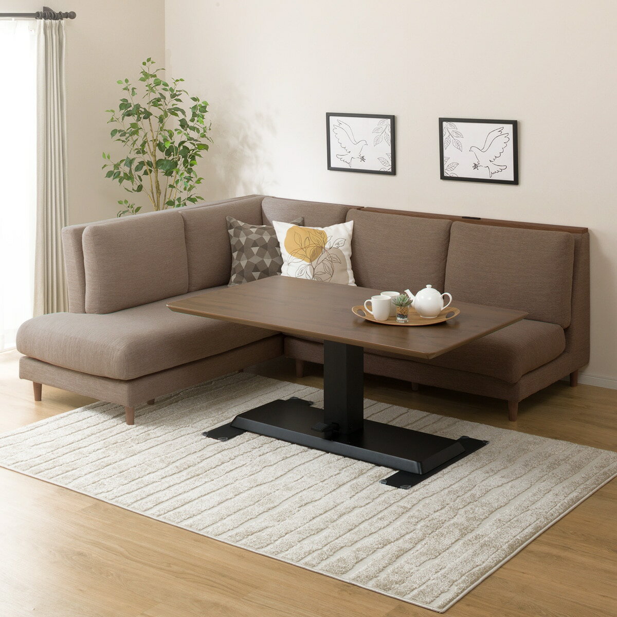 [幅135cm] リビングダイニングテーブル3点セット(LC-004 135 MBR/2P/カウチソファ左肘/LD1 DR-DMO) ニトリ 【配送員設置】 【5年保証】 | Sizeee