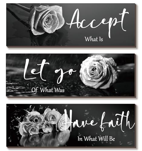 3ピース ブラック ホワイト ローズ 壁装飾 インスピレーション 木製 花 ウォールアート ホワイト バラ バスルーム装飾 Accept Let Go Have Faith 肯定的な引用句付き ...