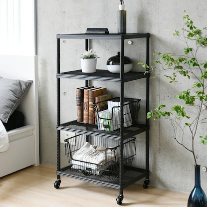 キャスター付きメッシュスチールシェルフ(幅60cm 4段 BK) | Sizeee