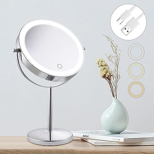 Cerdeco LEDライティングミラー LED両面卓上鏡 真実の両面鏡DX 卓上両面鏡 卓上ミラー USB充電式 タッチパネル操作 明るさ調節可能 等倍鏡＆10倍拡大鏡 三色ライト 女優鏡 ...