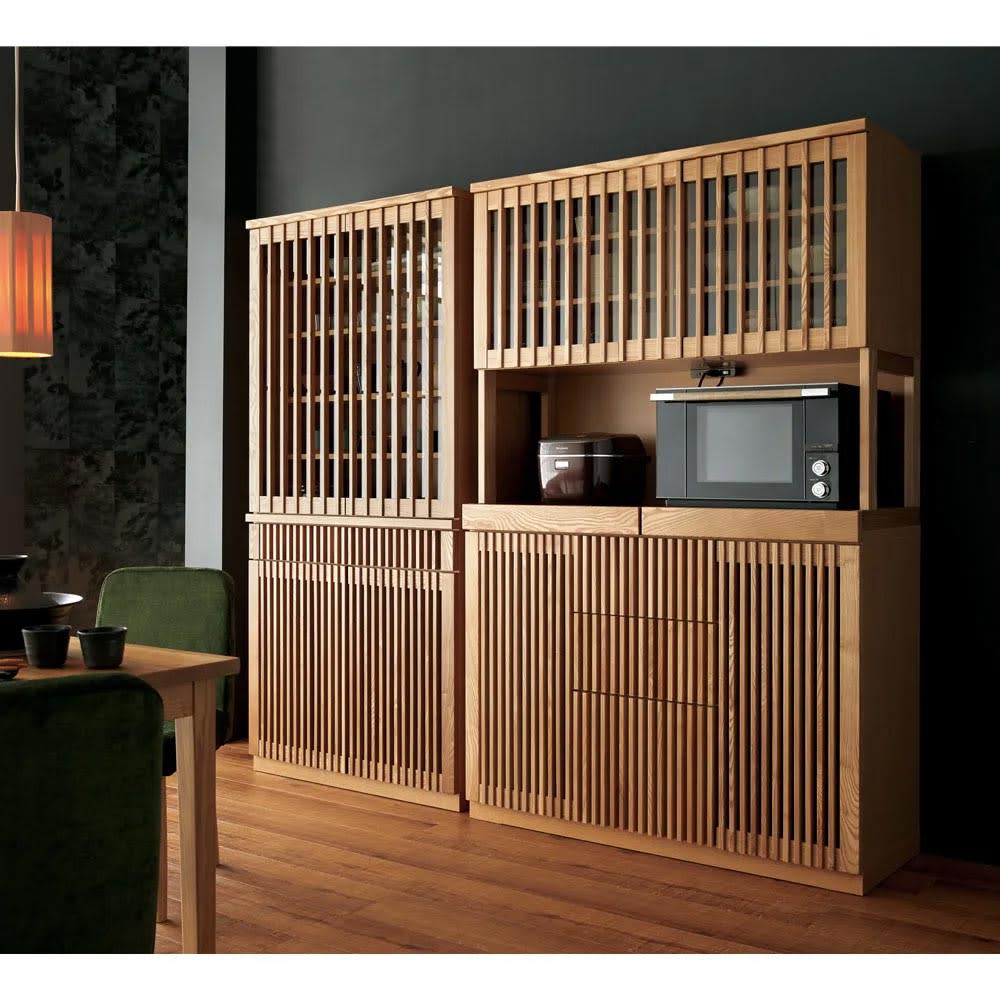 和モダン タモ天然木格子 ダイニングシリーズ 食器棚 幅90cm奥行44cm | Sizeee